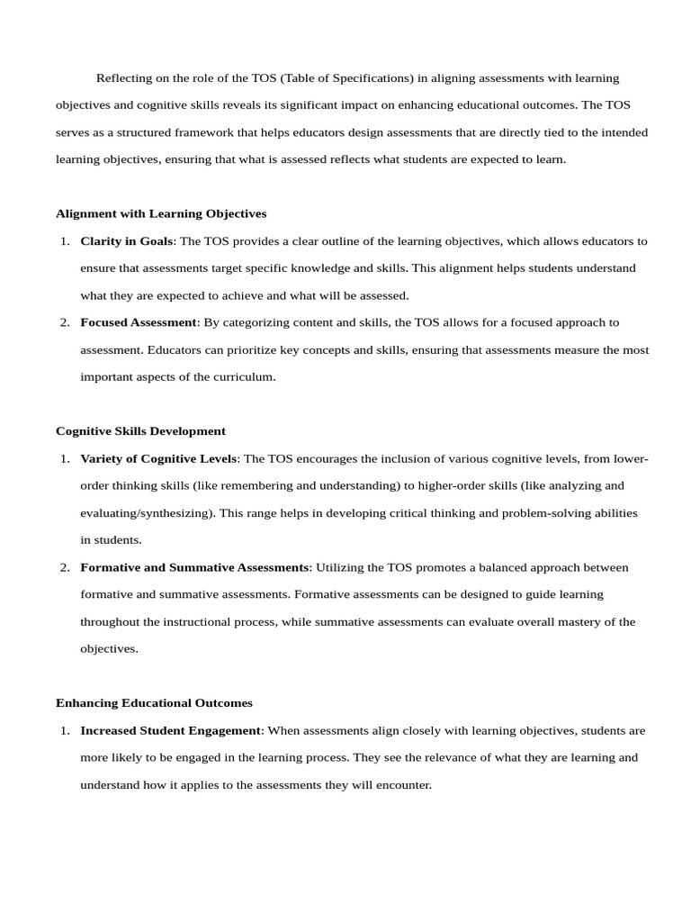 Reflecting On The Role of The TOS | PDF | Educational Assessment ...