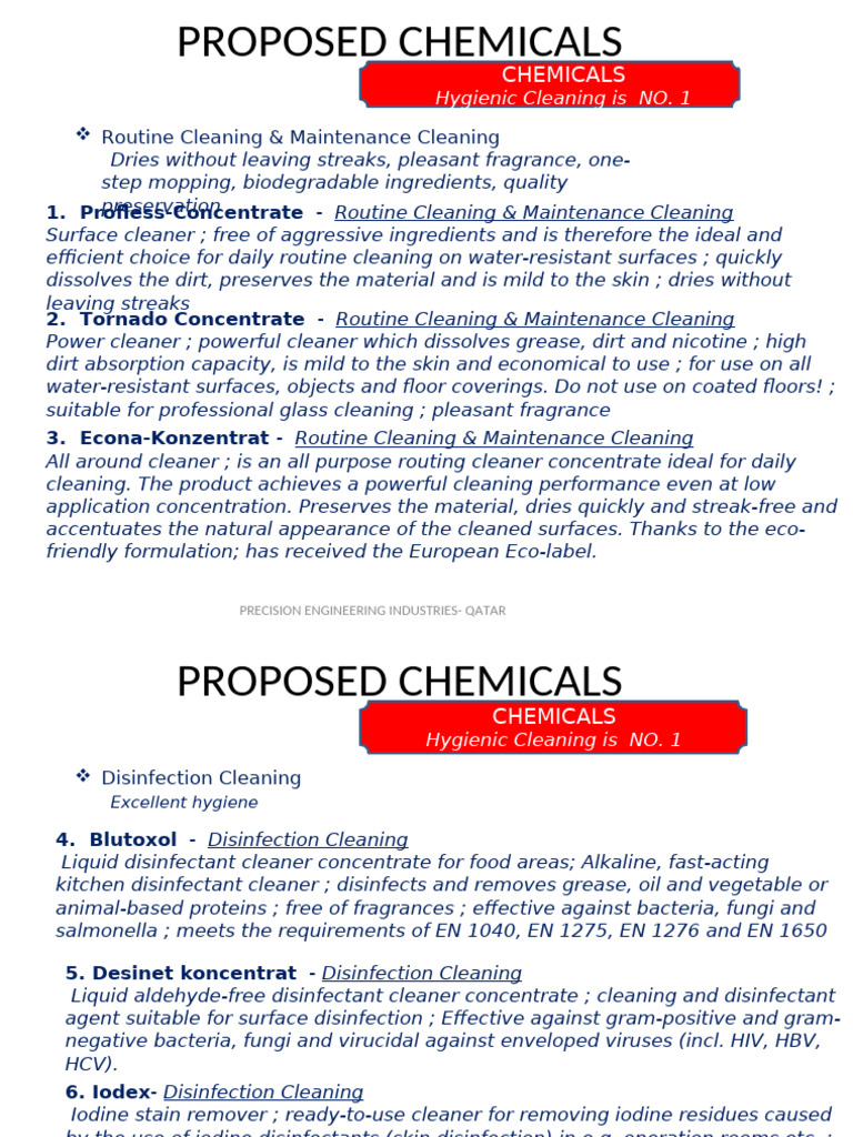Proposed Cleaning Chemicals for Qatar | PDF | Disinfectant | Hygiene