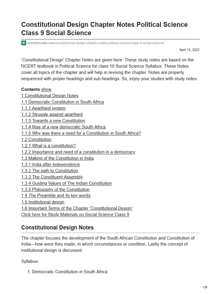 Constitutional Design Chapter Notes Political Science Class 9 Social ...