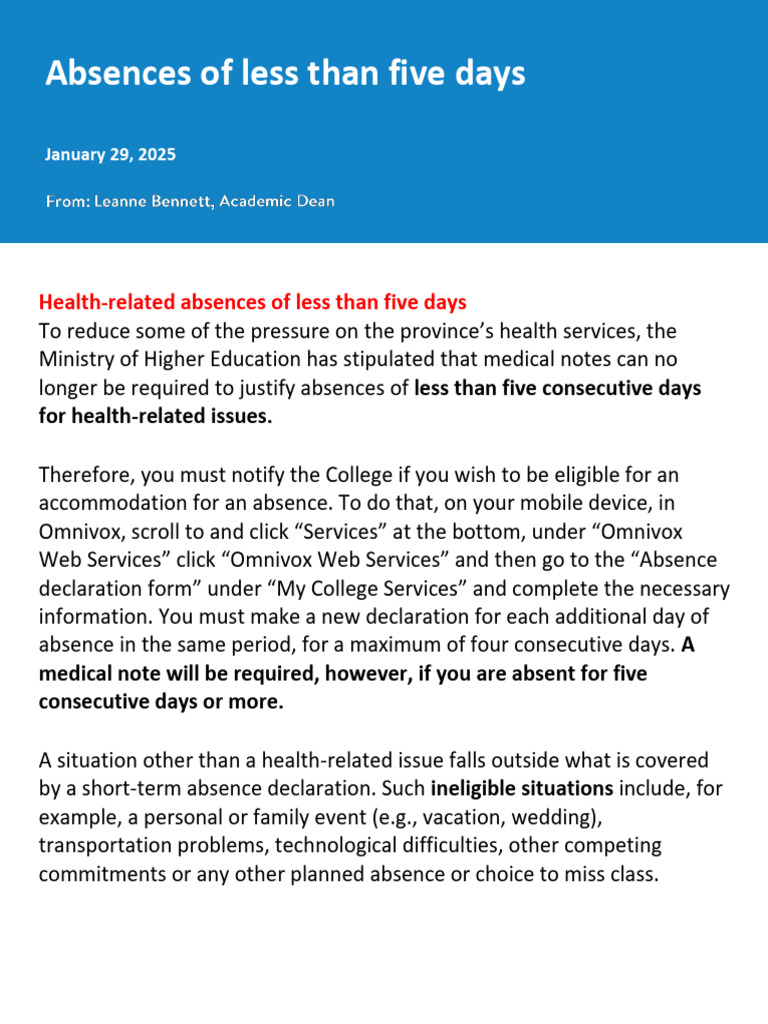 Absences of Less Than Five Days | PDF