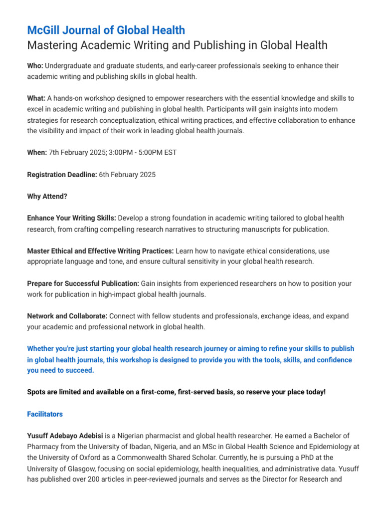 McGill Journal of Global Health Mastering Academic Writing and ...