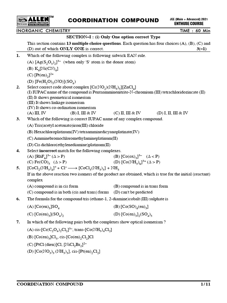 Score Test Coordination Chemistry Eng | PDF | Coordination Complex | Ligand