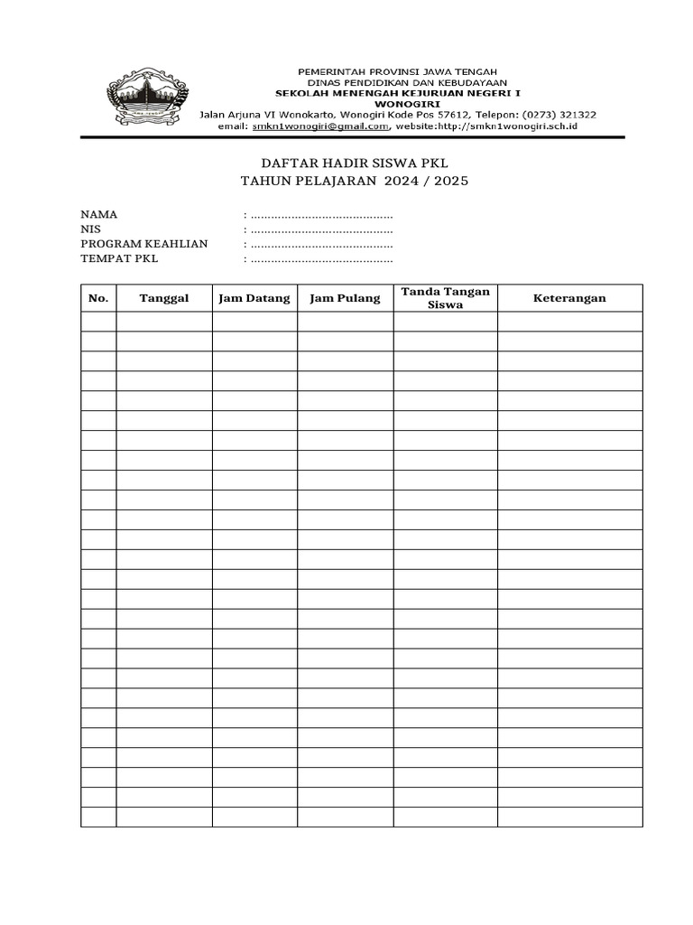 Daftar Hadir Siswa PKL 2024-2025 | PDF