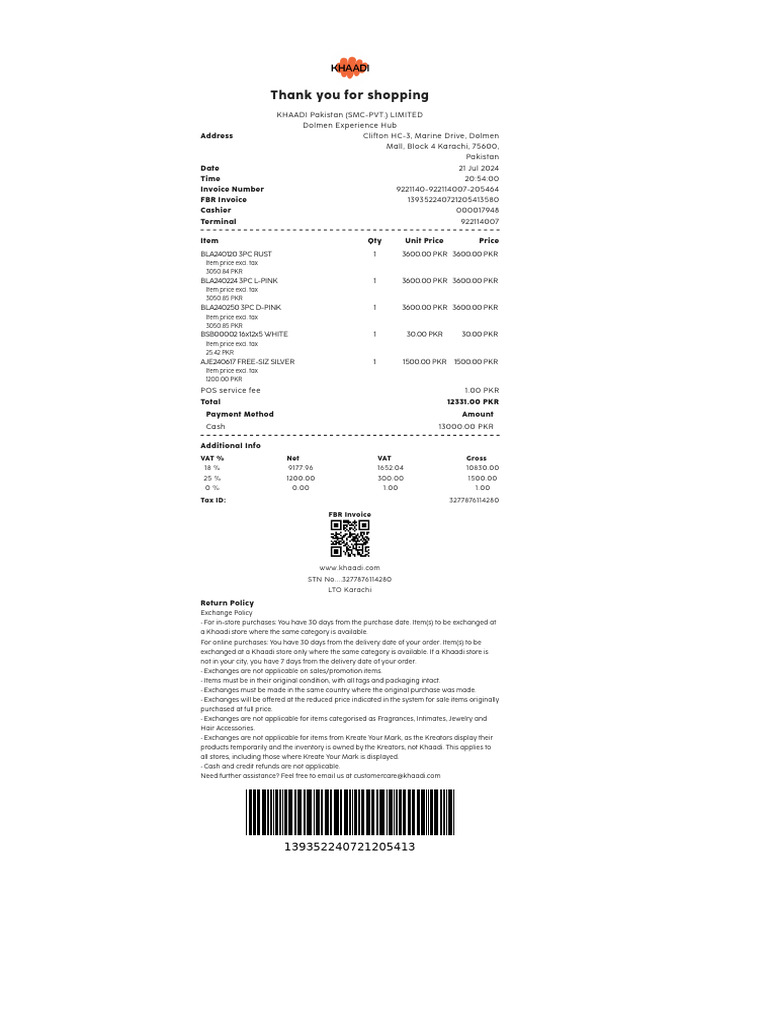 Khaadi Pakistan SMC (PVT) Ltd. - Receipt - 20240721 - 205400 | PDF ...