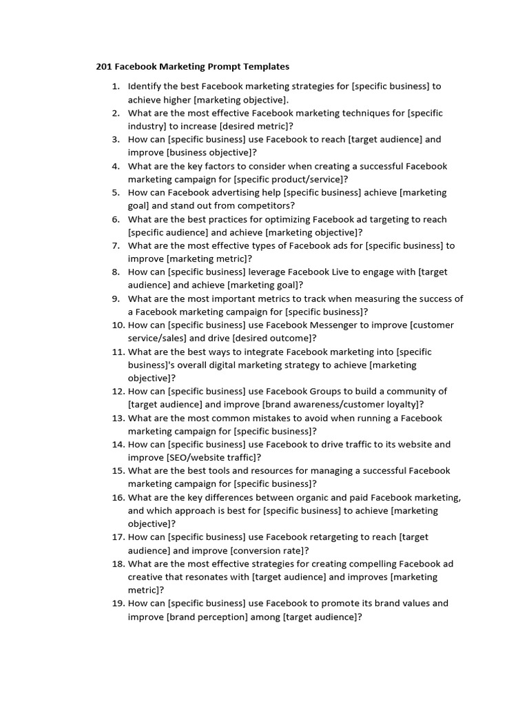201 Facebook Marketing Prompt Templates | PDF | Marketing | Brand