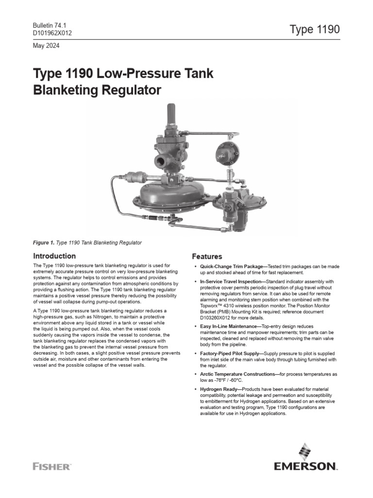 Data Sheets 1190 Low Pressure Tank Blanketing Regulator Bulletin Fisher ...