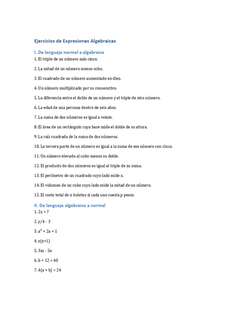 Ejercicios de Expresiones Algebraicas | PDF