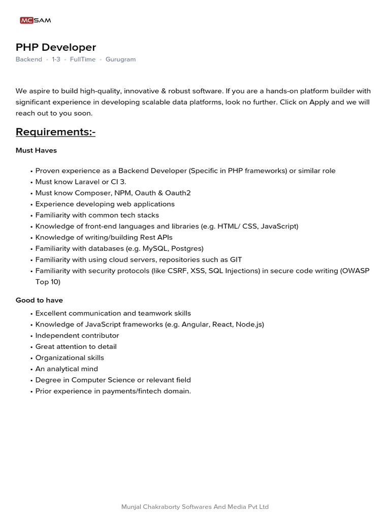 PHP Full Stack Developer Role in Gurugram | PDF