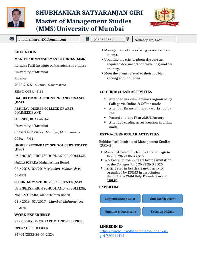 Shubhankar Giri Rpims CV | PDF