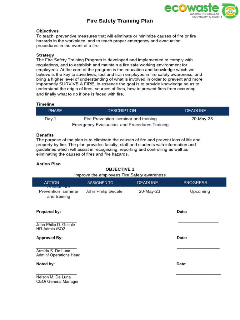 Training Plan Fire Safety | PDF