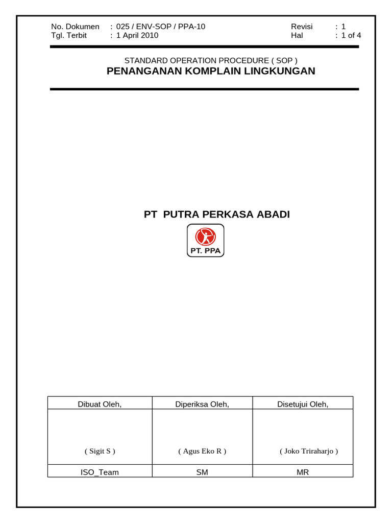 025 ENV-SOP PPA-09 Penanganan Komplain Lingkungan | PDF