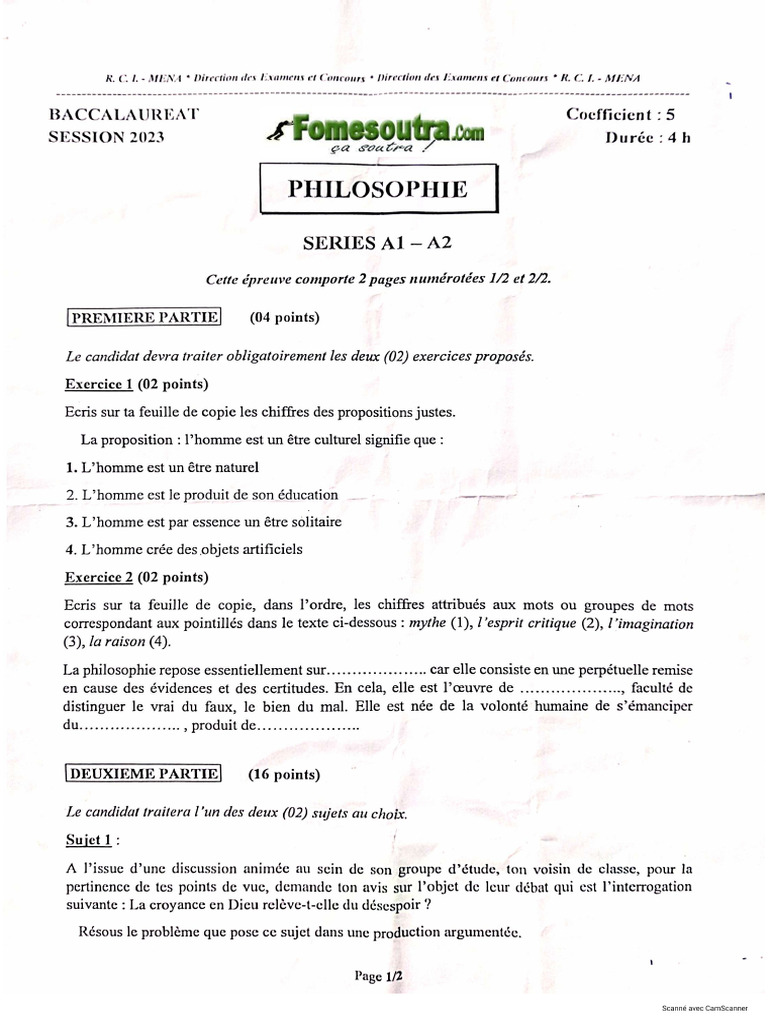 Sujet Philo Bac 2023 Serie A by Tehua | PDF