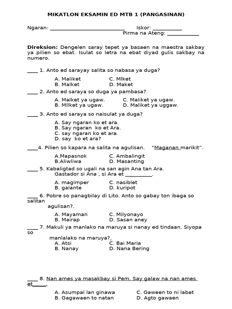 MTB-1.3rd-Quarter.-Pangasinan-with-Key-Answer | PDF