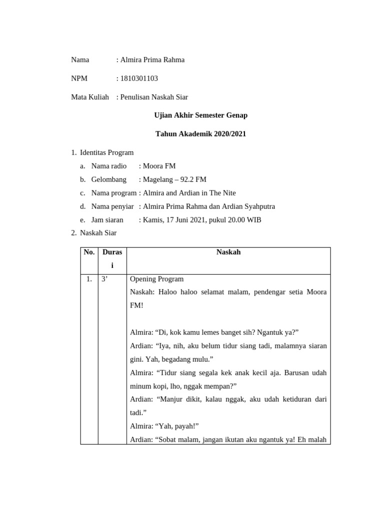 Almira Prima Rahma - 1810301103 - Naskah Siar | PDF