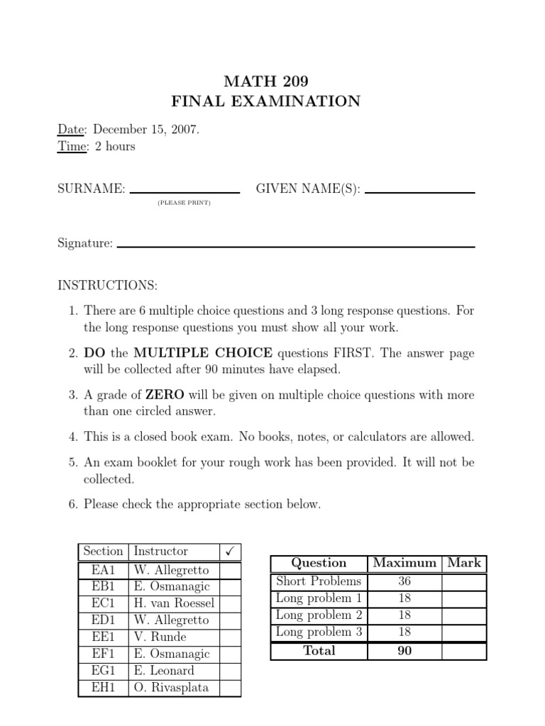 MATH 209 Fall 2007 final exam | PDF | Flux | Differential Geometry