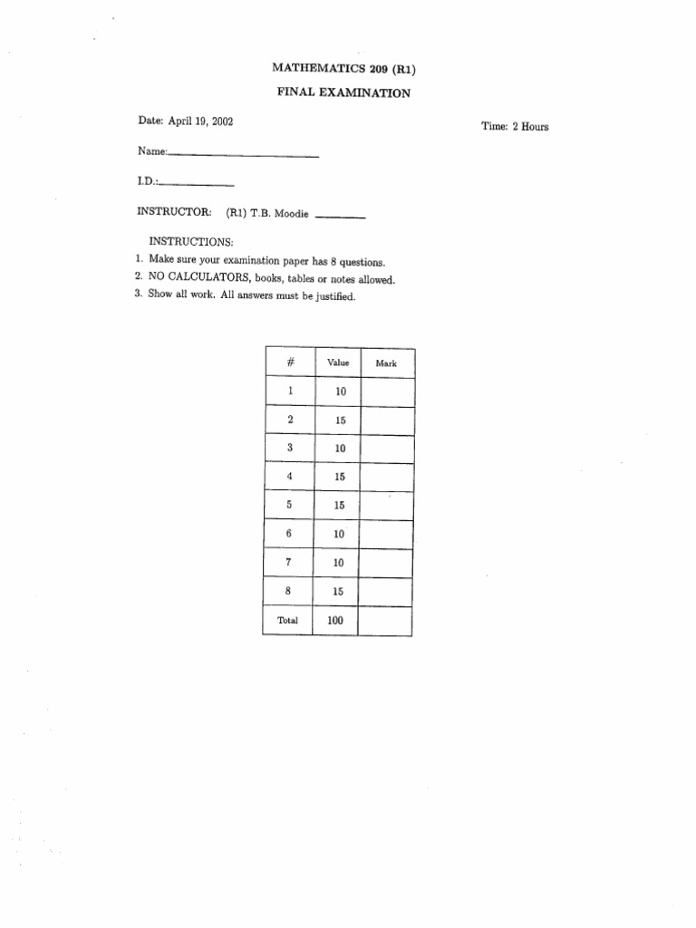 MATH 209 Winter 2002 Final Exam | PDF