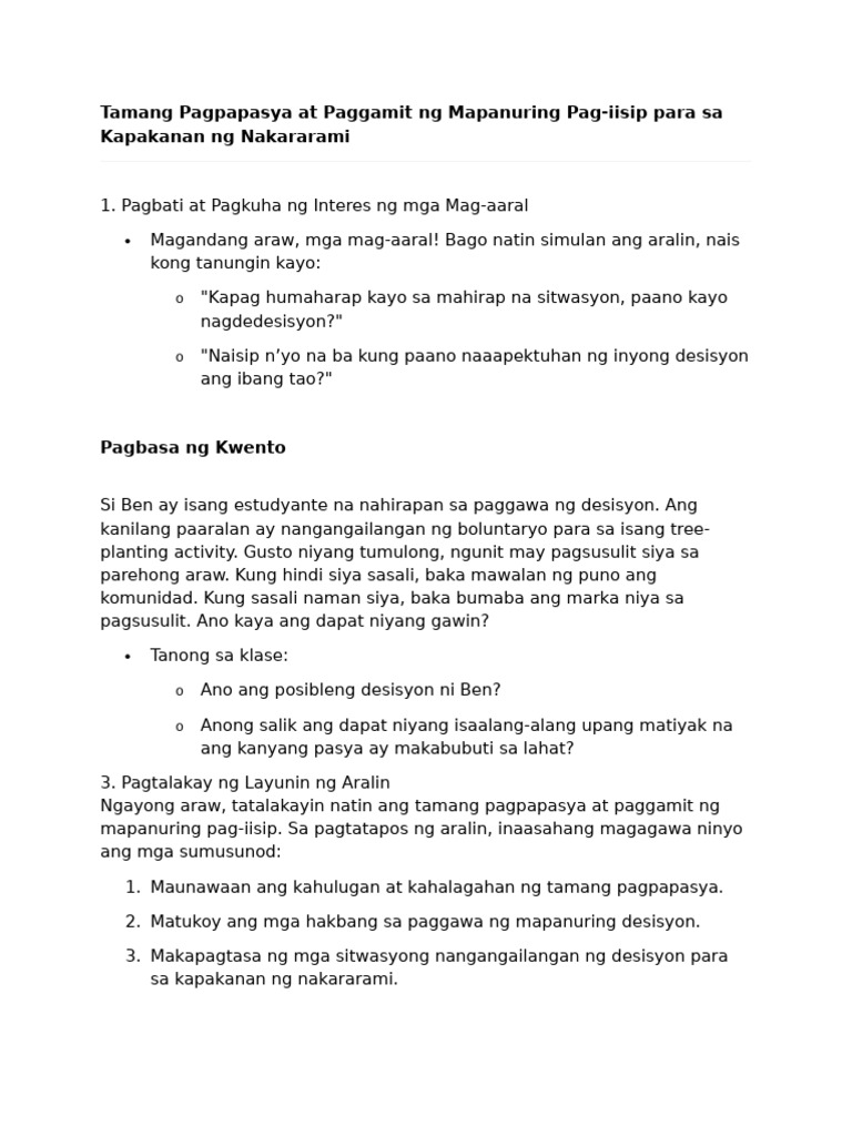 Tamang Pagpapasya at Paggamit ng Mapanuring Pag | PDF