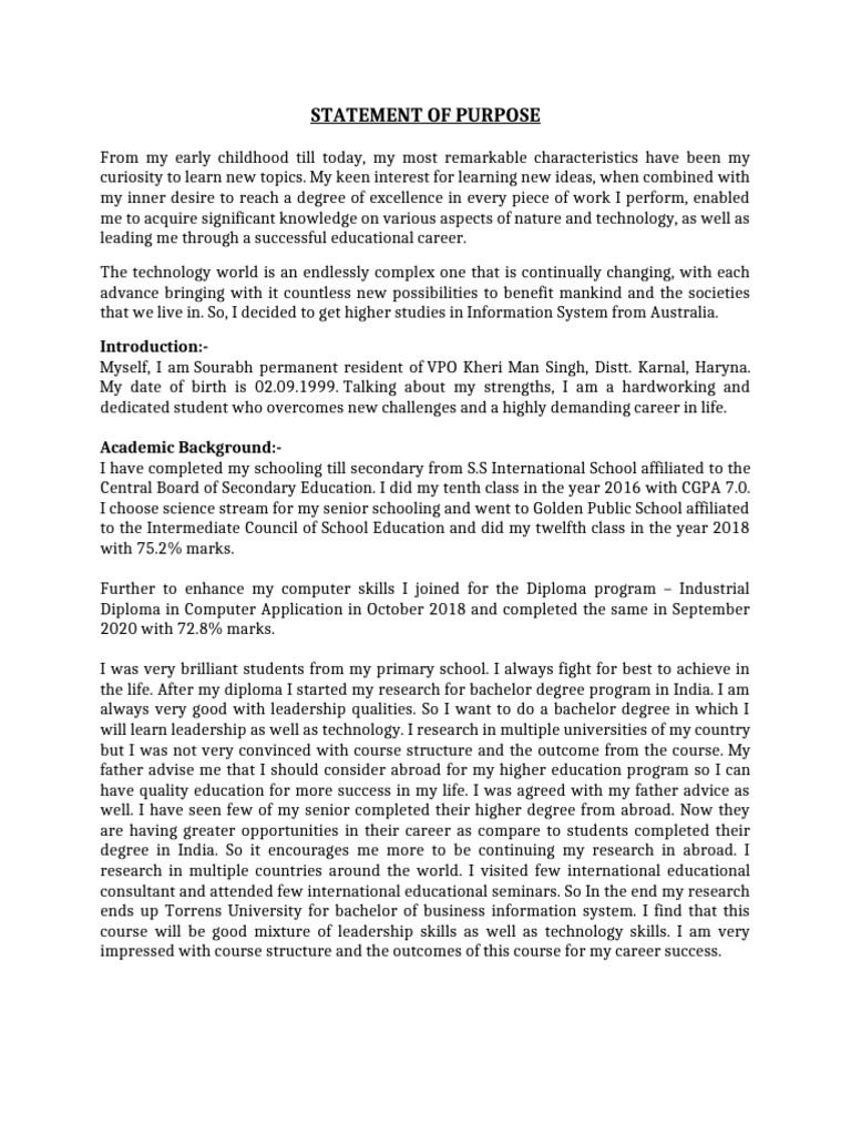 Statement of Purpose For Student Visa Application | PDF | Cost Of ...