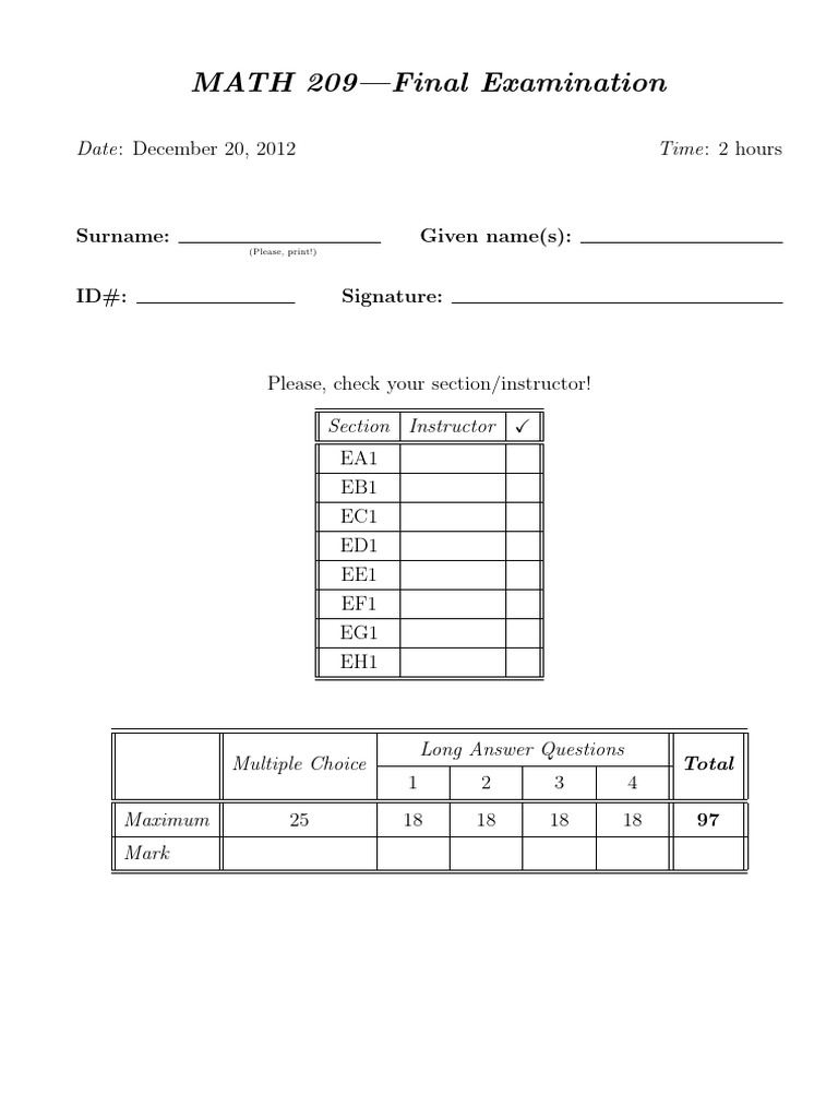 MATH 209 Fall 2012 Final Exam With Solutions | PDF | Divergence | Flux