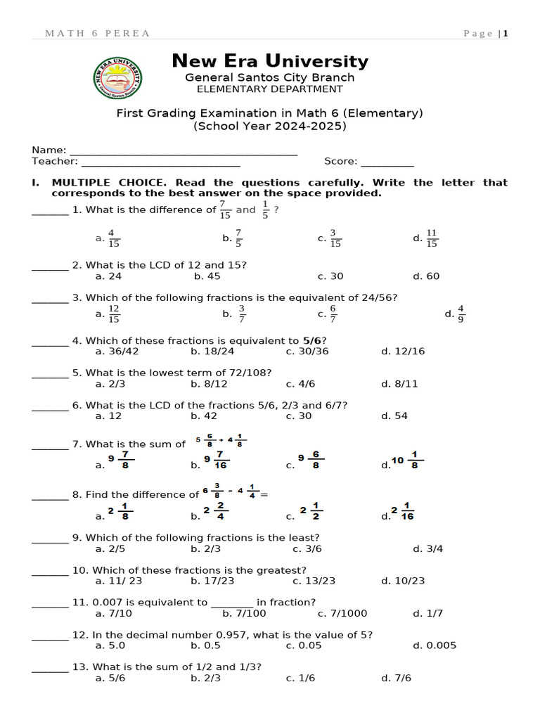 Math 6 First Grading Exam 2024-2025 | PDF | Cakes | Mathematics
