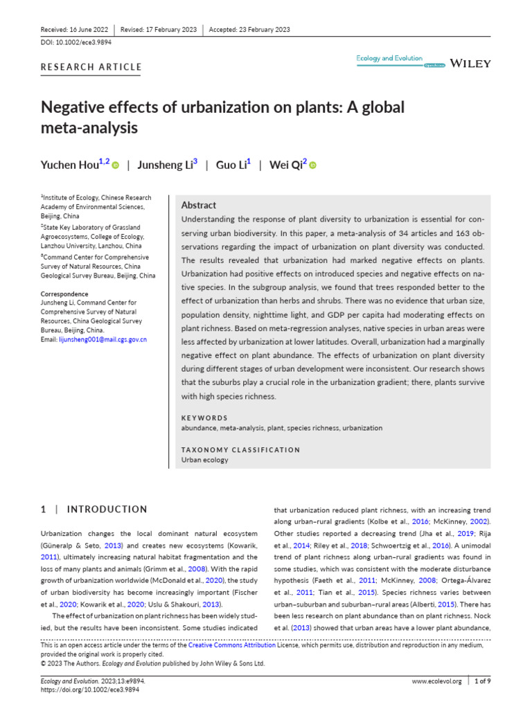 Negative Effects of Urbanization On Plants A Global Meta Analysis | PDF ...