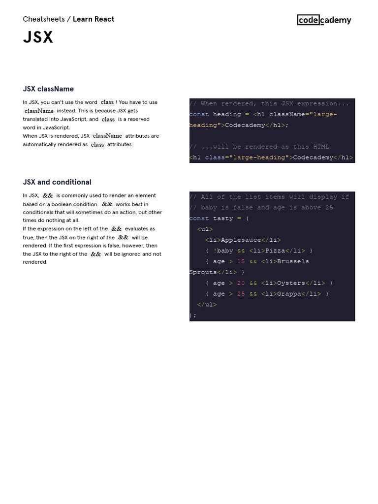 Learn React - JSX Cheatsheet - Codecademy | PDF | Document Object Model | Java Script