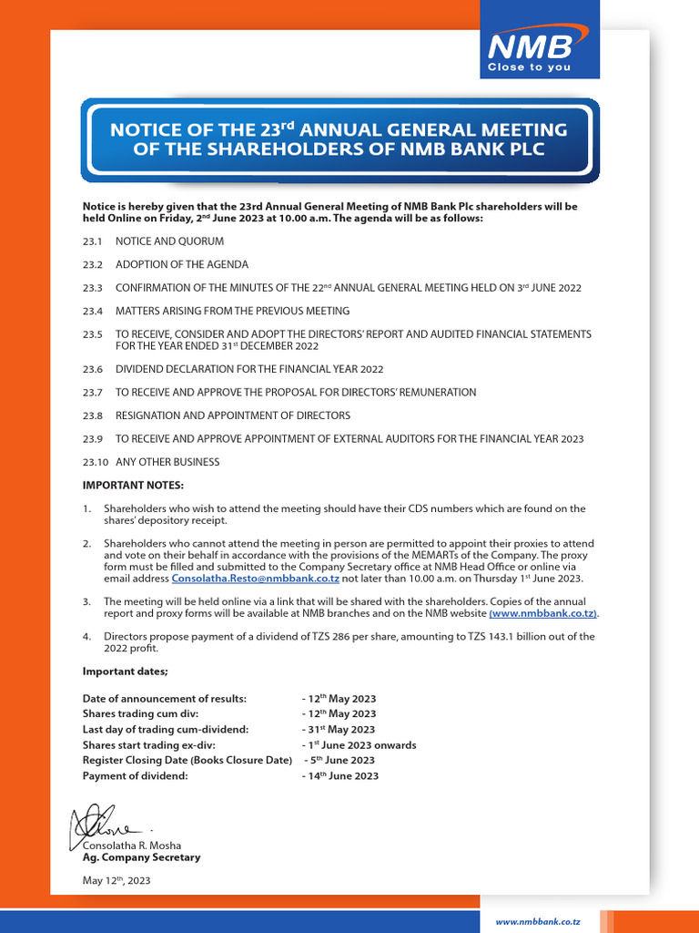 AGM - Notice - 2023 - NMB | PDF