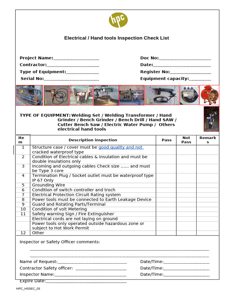 Electrical and Hand Tools Inspection Check List | PDF