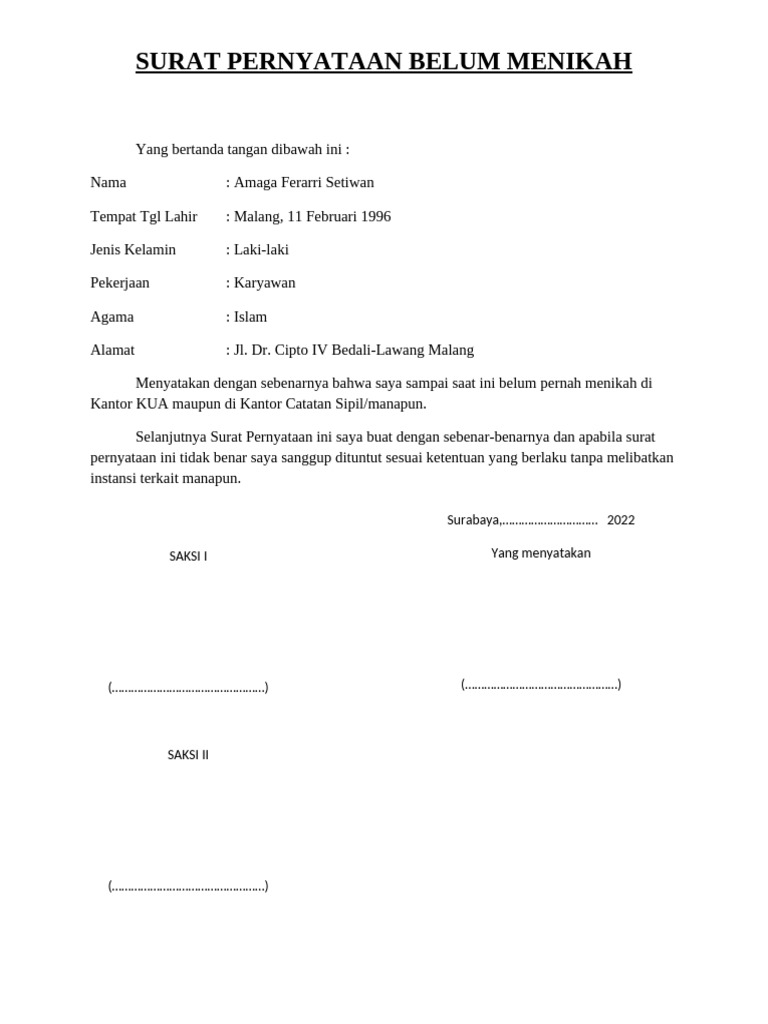 SURAT PERNYATAAN BELUM MENIKAH | PDF