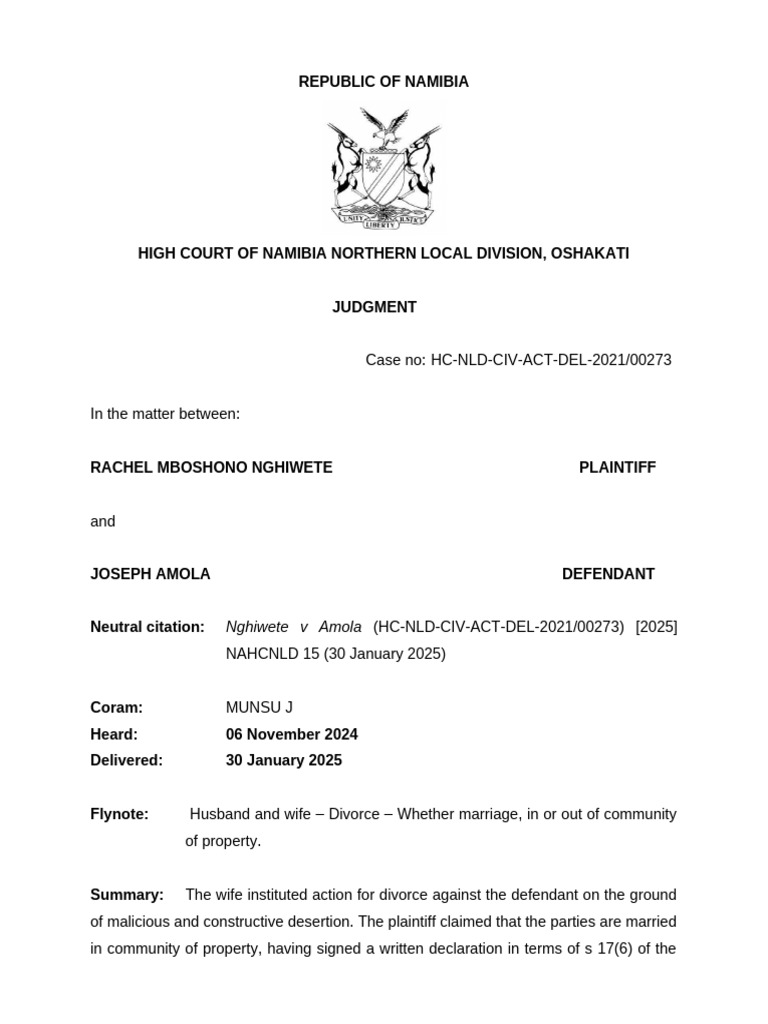 Saduni - RESTITUTION of Conjugal Right NAMIBIA | PDF | Marriage | Divorce
