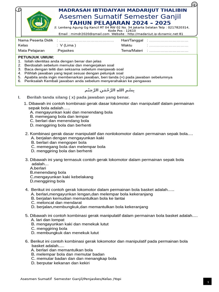 ASESMEN - SUMATIF - SEMESTER - GANJIL - TP - 2023 - 2024 Kls 5 | PDF