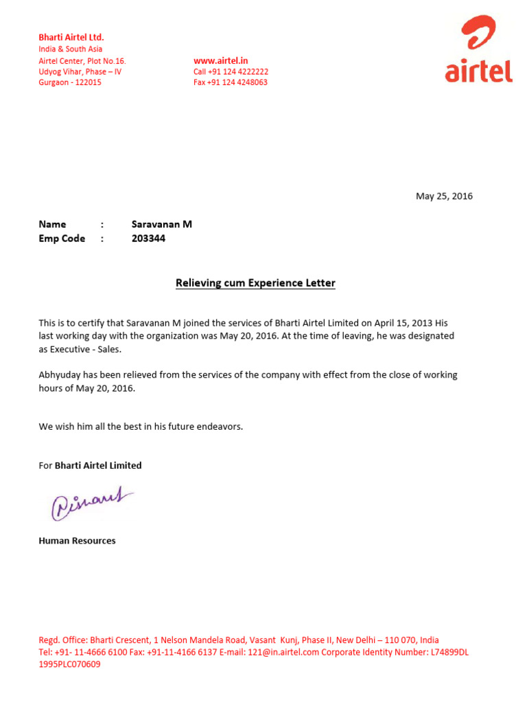 Airtel Relieving and Experience Letter | PDF