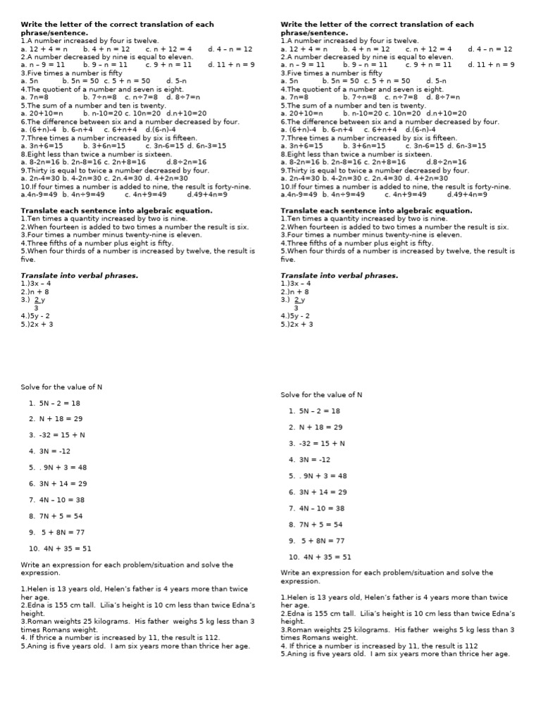 Translate Each Sentence Into Algebraic Equation | PDF | Speed | Numbers