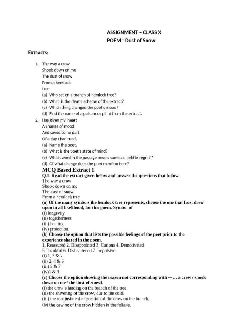Assignment Class X Dust of Snow | PDF | Poetry