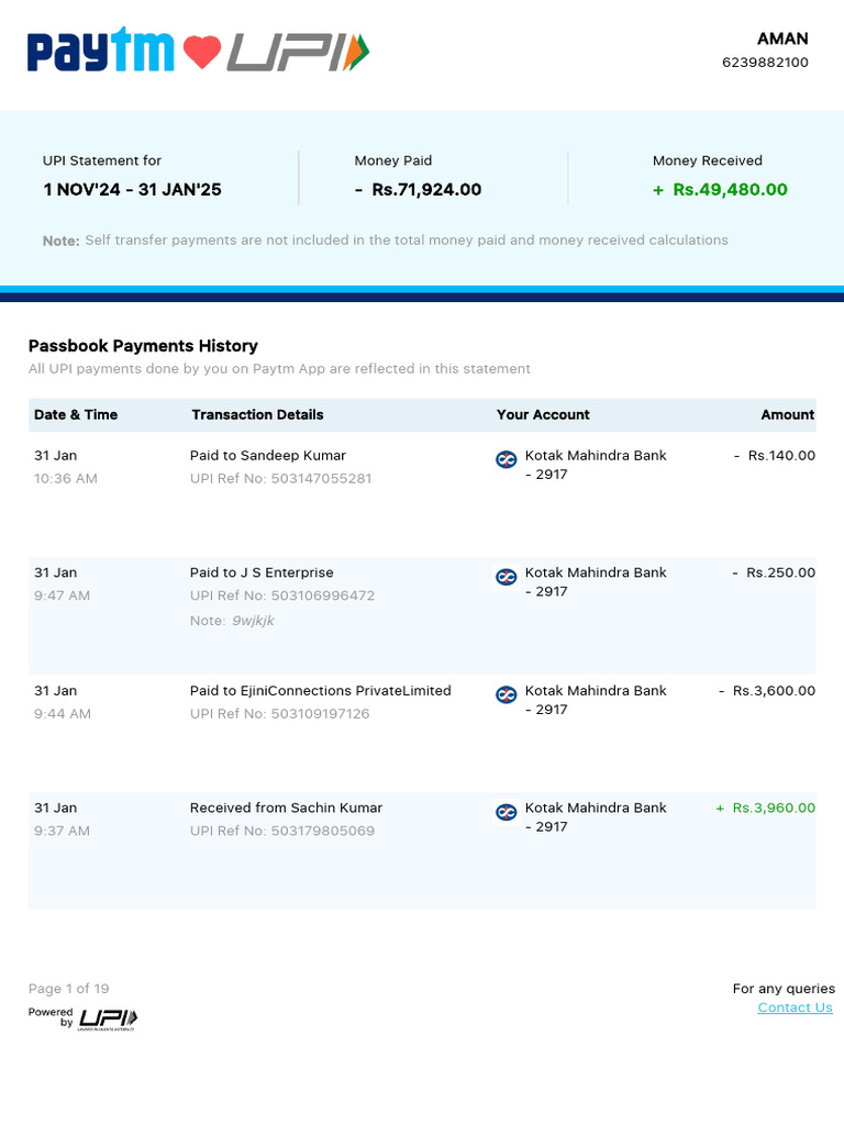 Paytm UPI Statement 01 Nov'24 - 31 Jan'25 | PDF | Web Application ...