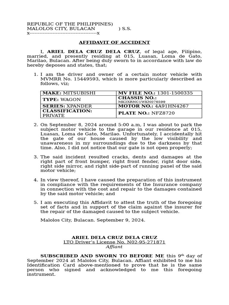 Affidavit of Accident in Bulacan | PDF | Affidavit | Vehicles