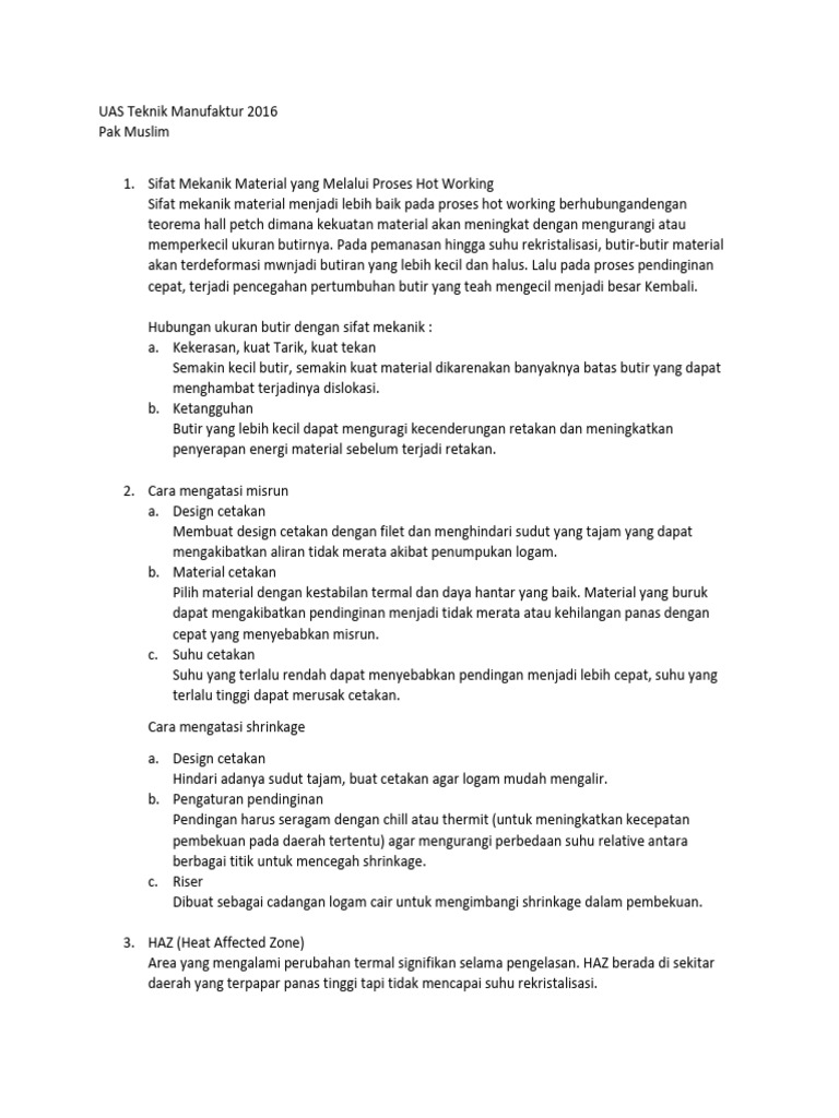 UAS Tekman (2016-2018) - Proses Manufaktur (2023) - 241219 - 195928 | PDF