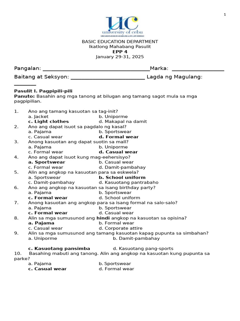 EPP 4_Q3 Mastery Test | PDF