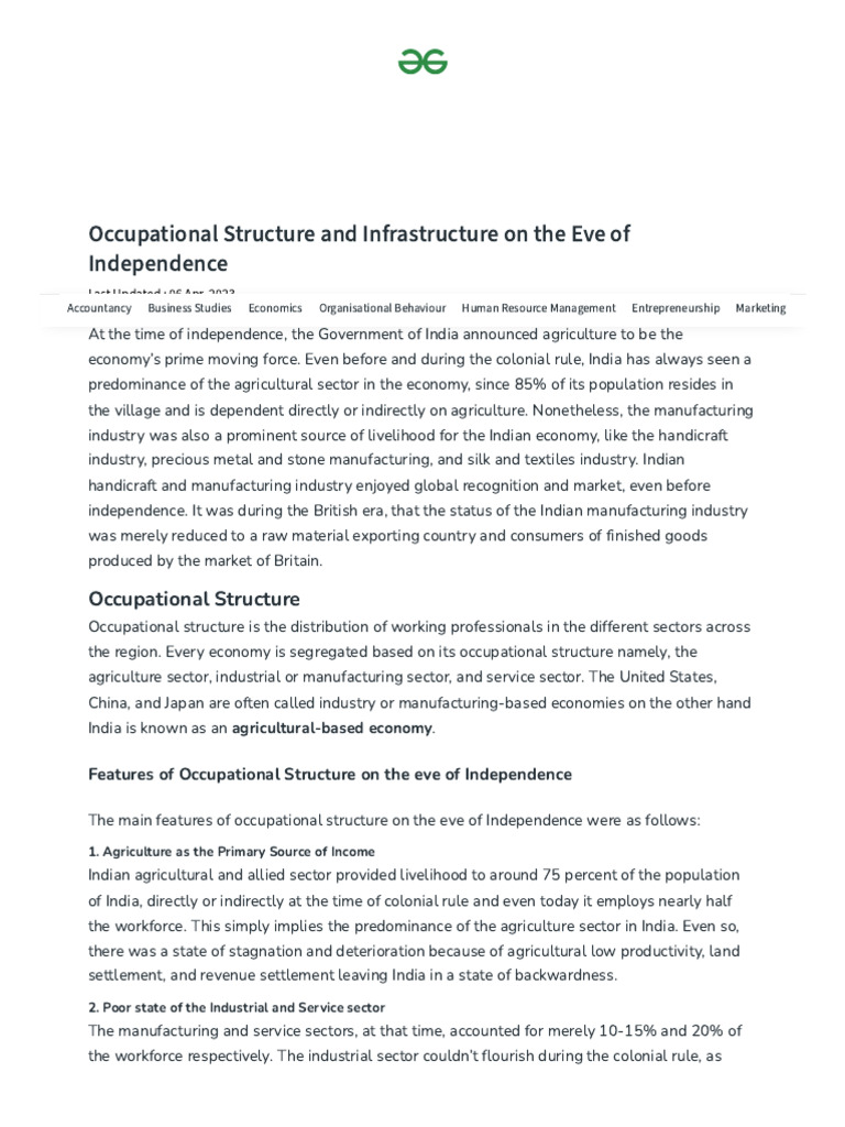 Occupational Structure and Infrastructure On The Eve of Independence ...