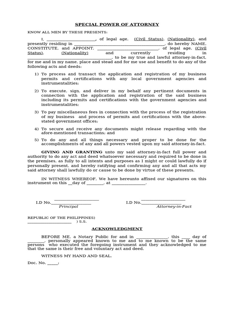 Special Power of Attorney For Registration Sample | PDF | Power Of ...