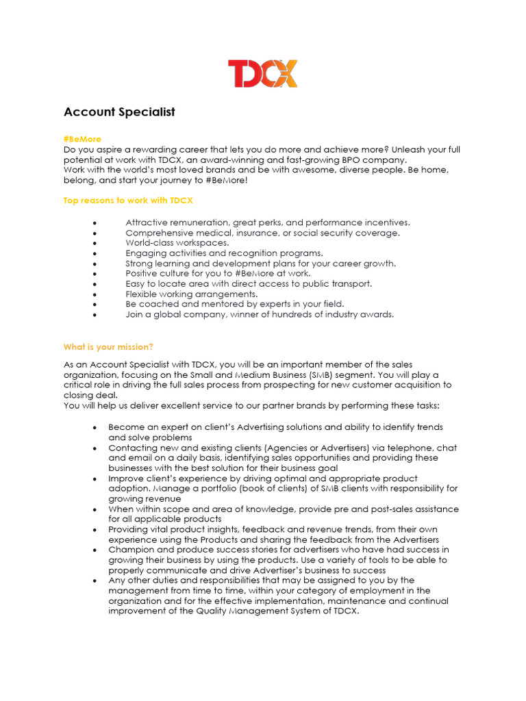 TDCX JD - Account Specialist | PDF | Advertising | Brand