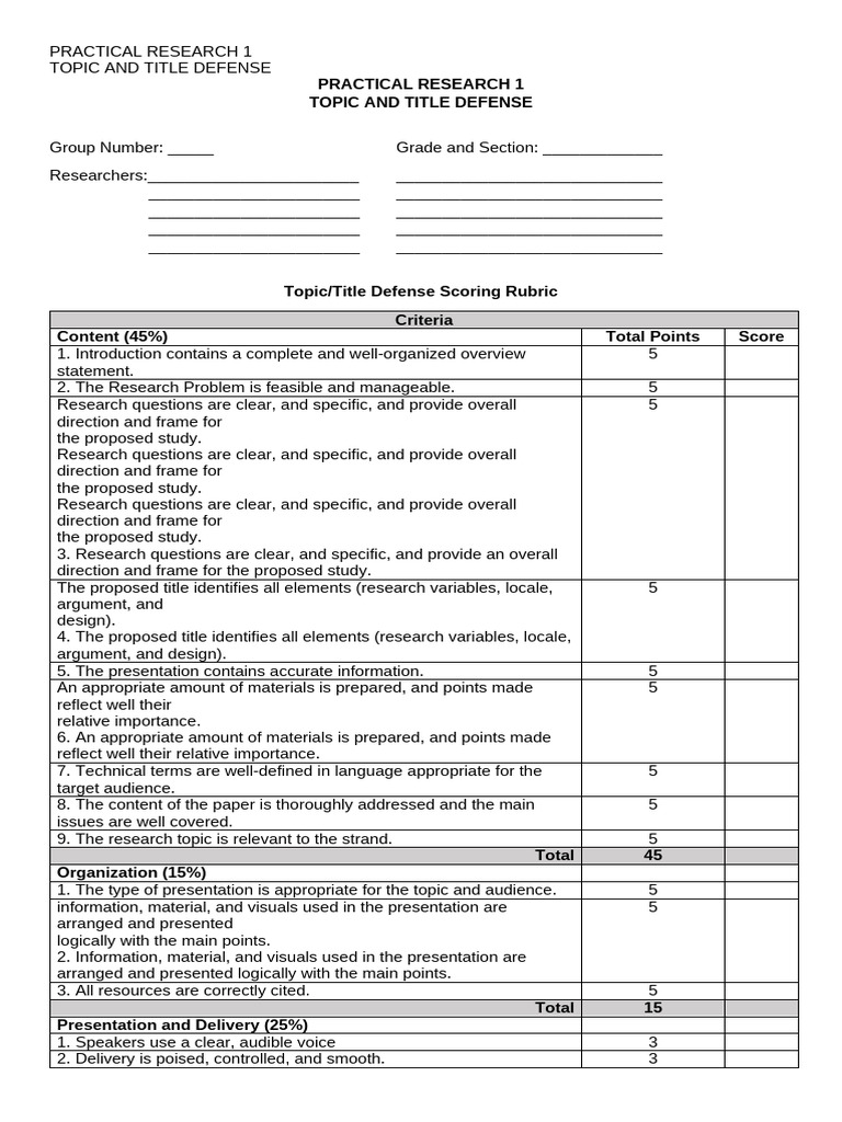 PRACTICAL-RESEARCH-1-TITLE-DEFENSE-RUBRIC-1 | PDF | Communication ...