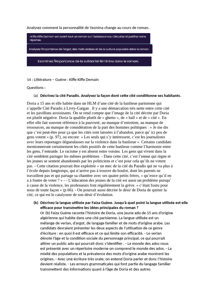 Évolution de Doria dans Kiffe Kiffe Demain | PDF | Romans | Banlieue
