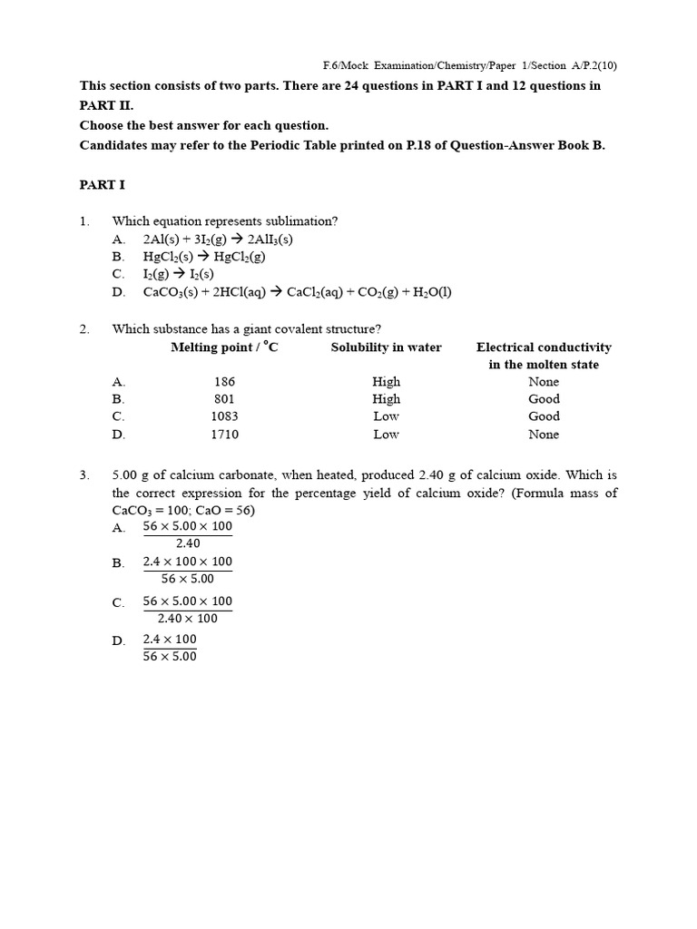 Chemistry Mock Paper I 2 | PDF | Chemical Reactions | Redox