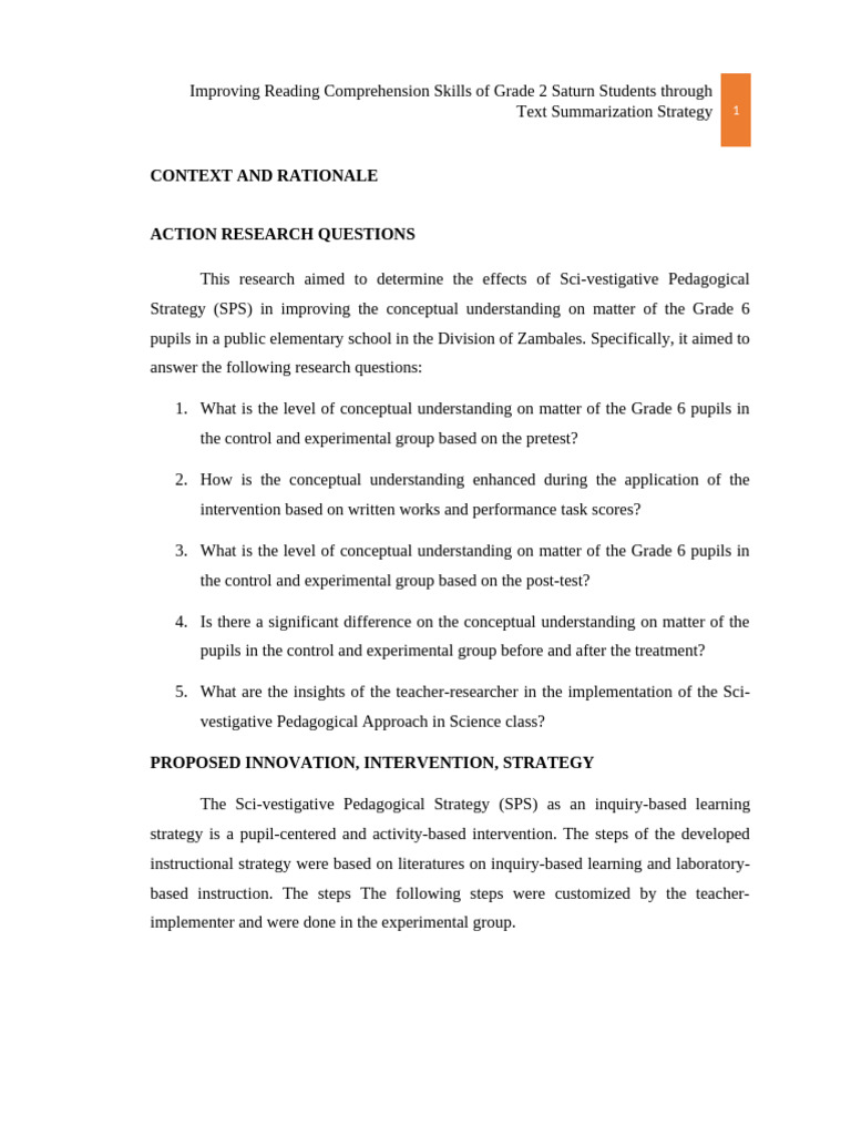 Sample-Action-Research-2024 | PDF | Reading Comprehension | Teachers