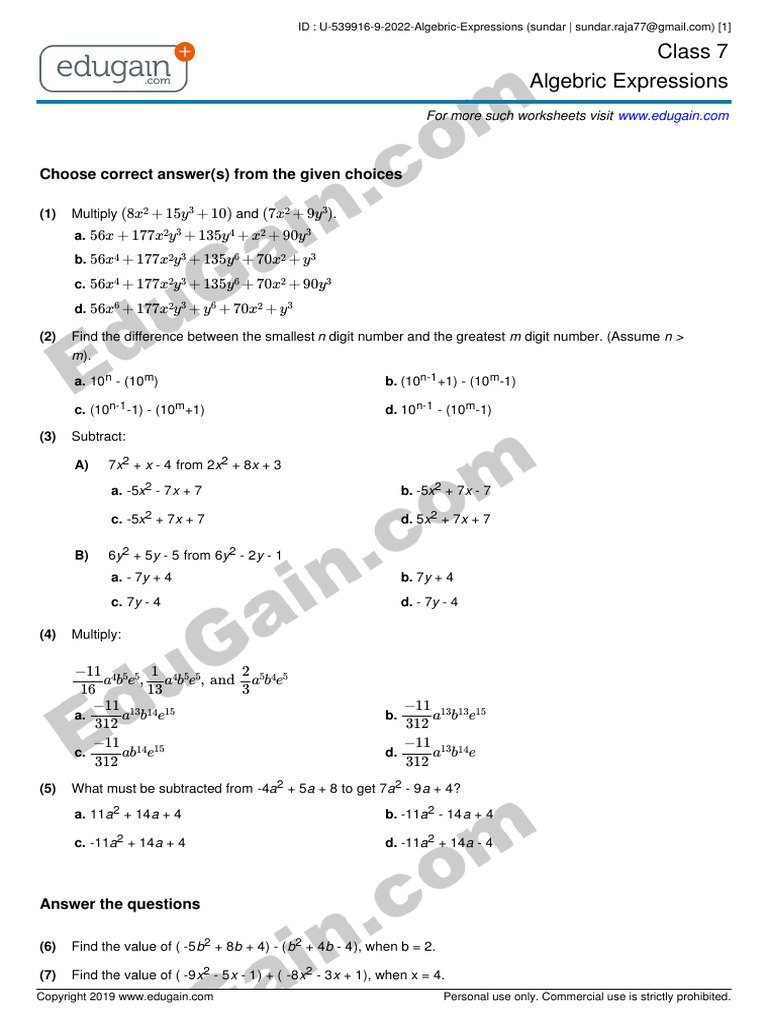 Grade7-539916-9-2022 | PDF | Mathematics | Algebra