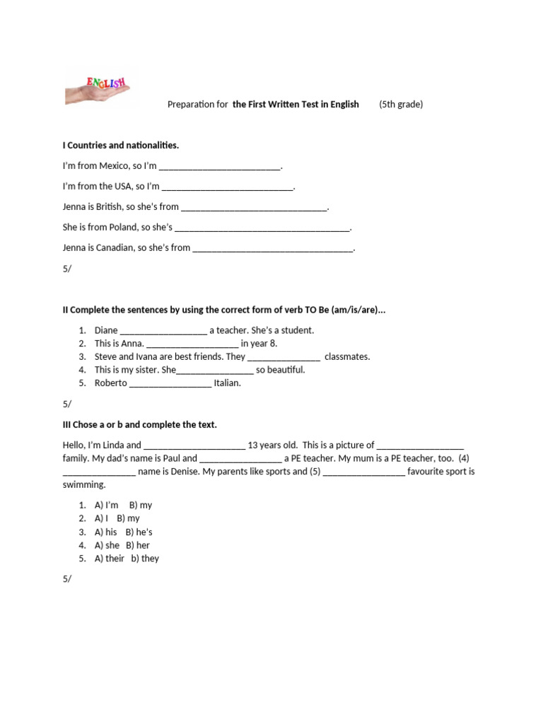 Preparation For The First Written Test 5th Grade | PDF