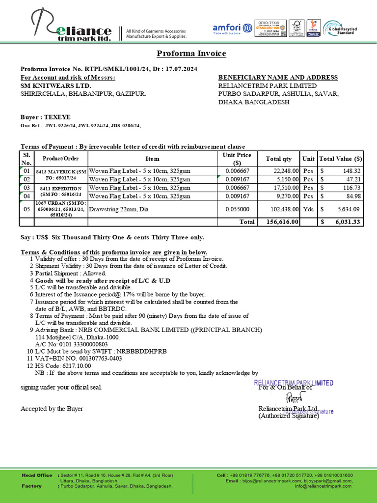 Garment Accessories Proforma Invoice | PDF | Letter Of Credit | Financial Services