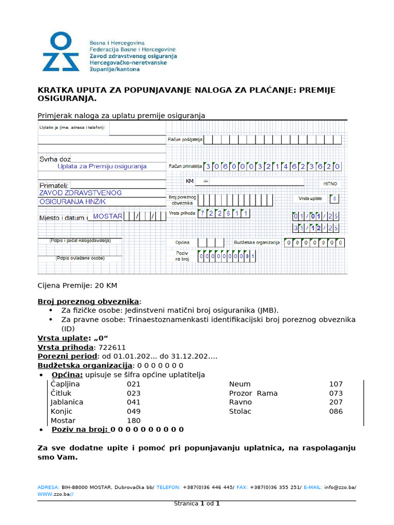 Kratka Uputa Za Popunjavanje Naloga Za Placanje Za Premiju Osiguranja 1 ...