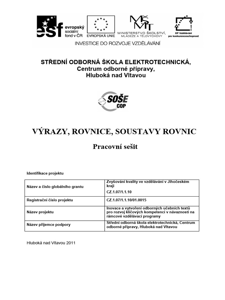 Vyrazy, Rovnice, Soustavy Rovnic Pracovni Sesit | PDF